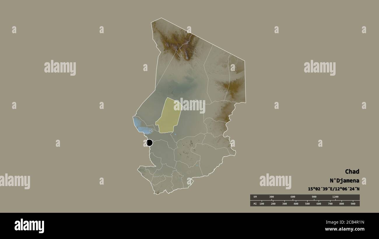 Desaturated shape of Chad with its capital, main regional division and ...
