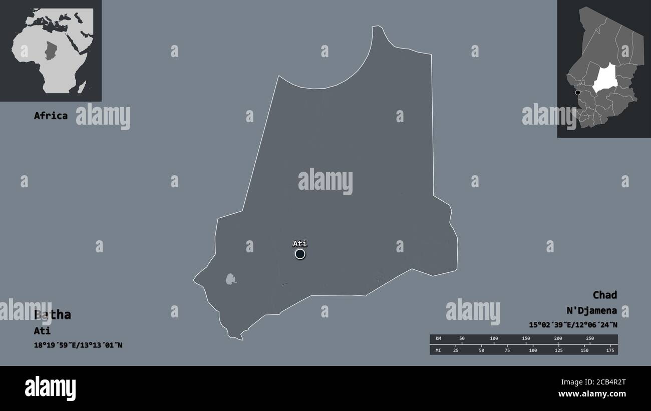Shape of Batha, region of Chad, and its capital. Distance scale ...
