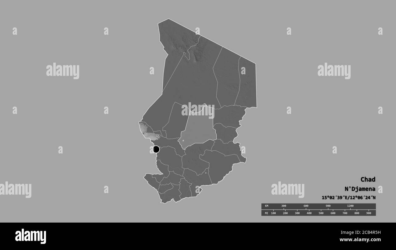 Desaturated shape of Chad with its capital, main regional division and ...