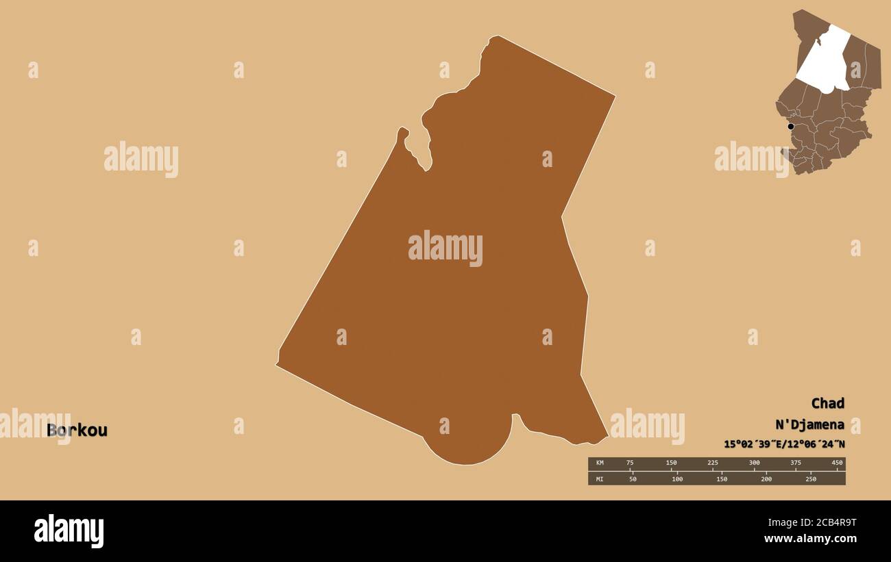 Shape of Borkou, region of Chad, with its capital isolated on solid ...