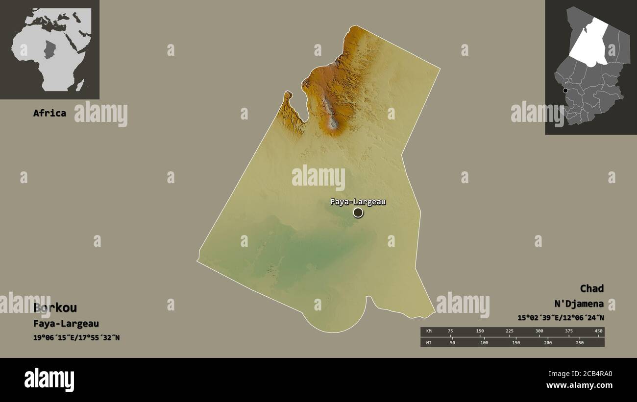 Shape of Borkou, region of Chad, and its capital. Distance scale ...