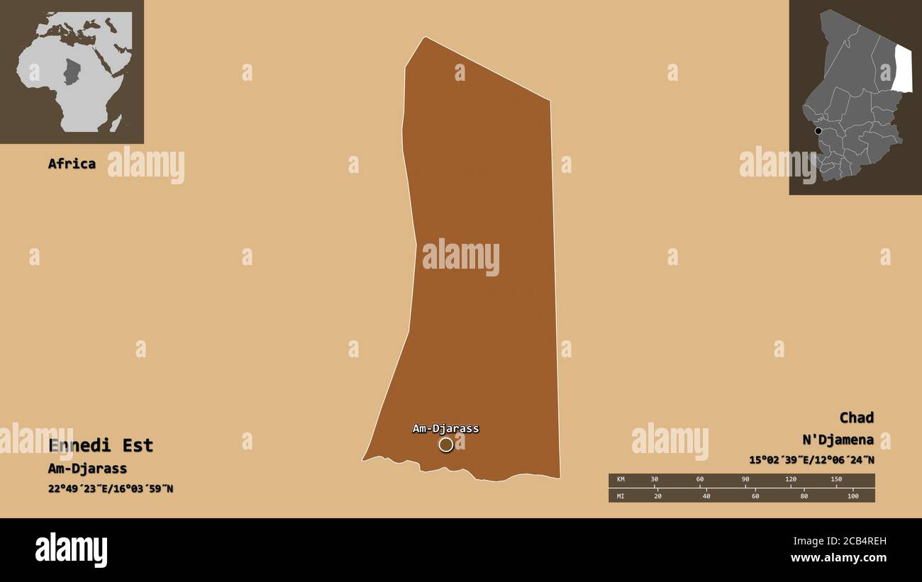 Shape of Ennedi Est, region of Chad, and its capital. Distance scale ...