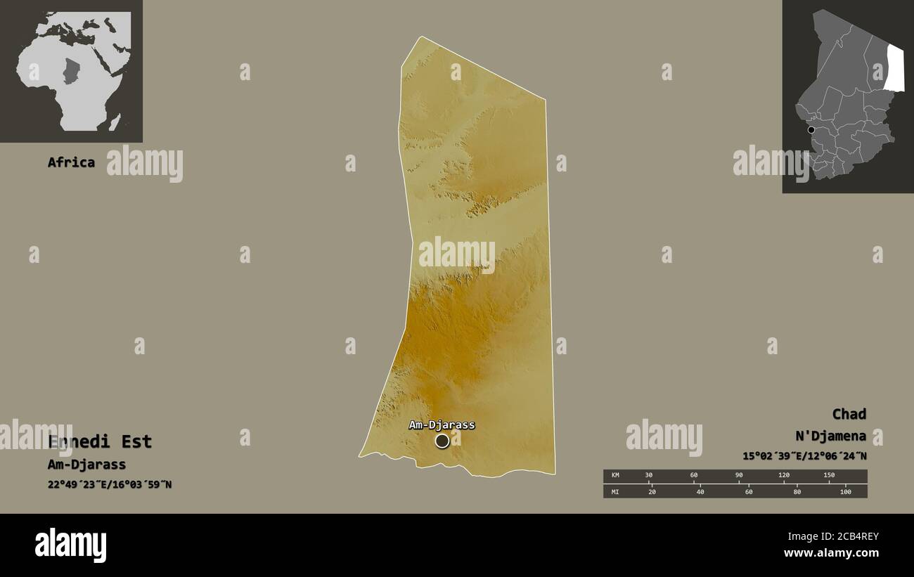 Shape of Ennedi Est, region of Chad, and its capital. Distance scale ...