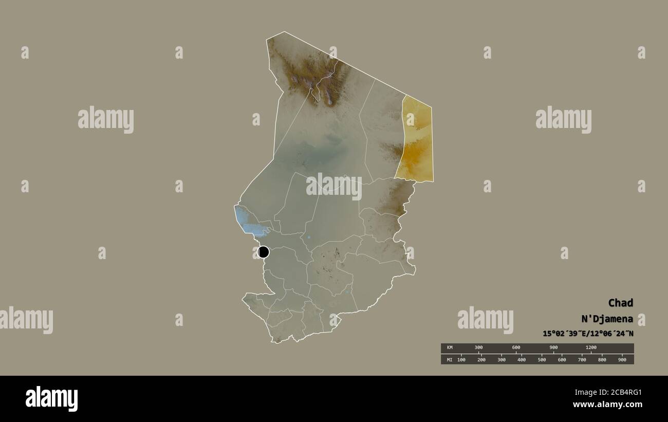 Desaturated shape of Chad with its capital, main regional division and ...