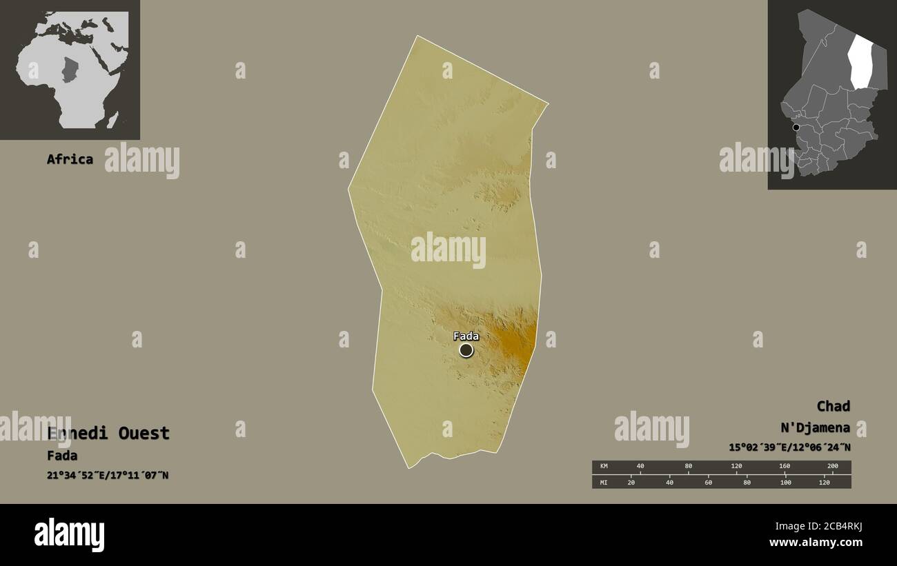 Shape of Ennedi Ouest, region of Chad, and its capital. Distance scale ...