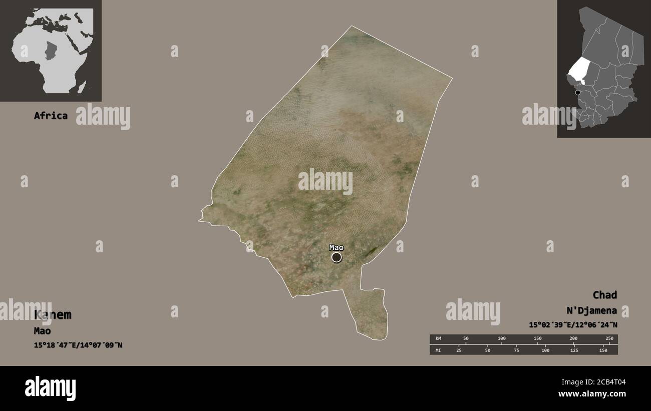 Shape of Kanem, region of Chad, and its capital. Distance scale, previews and labels. Satellite ...