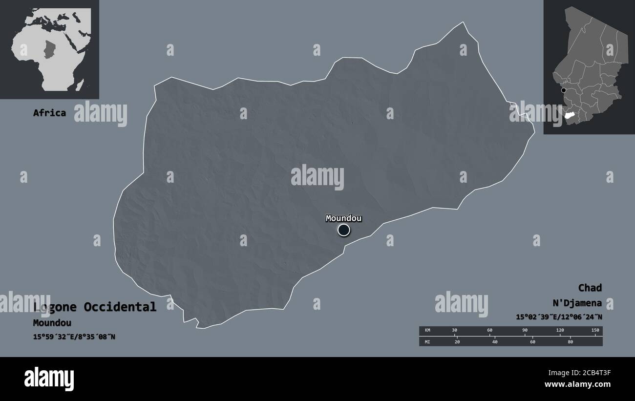 Shape of Logone Occidental, region of Chad, and its capital. Distance ...