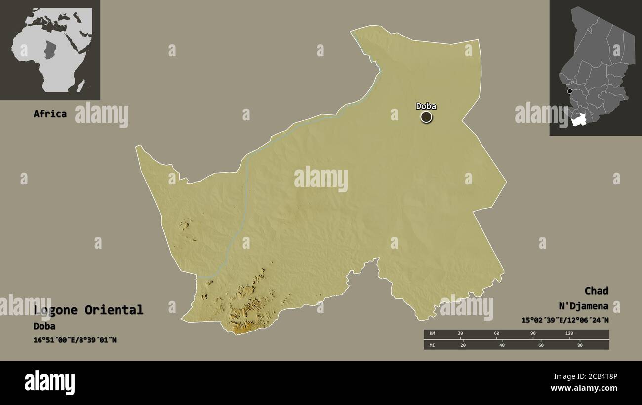 Shape of Logone Oriental, region of Chad, and its capital. Distance scale, previews and labels ...