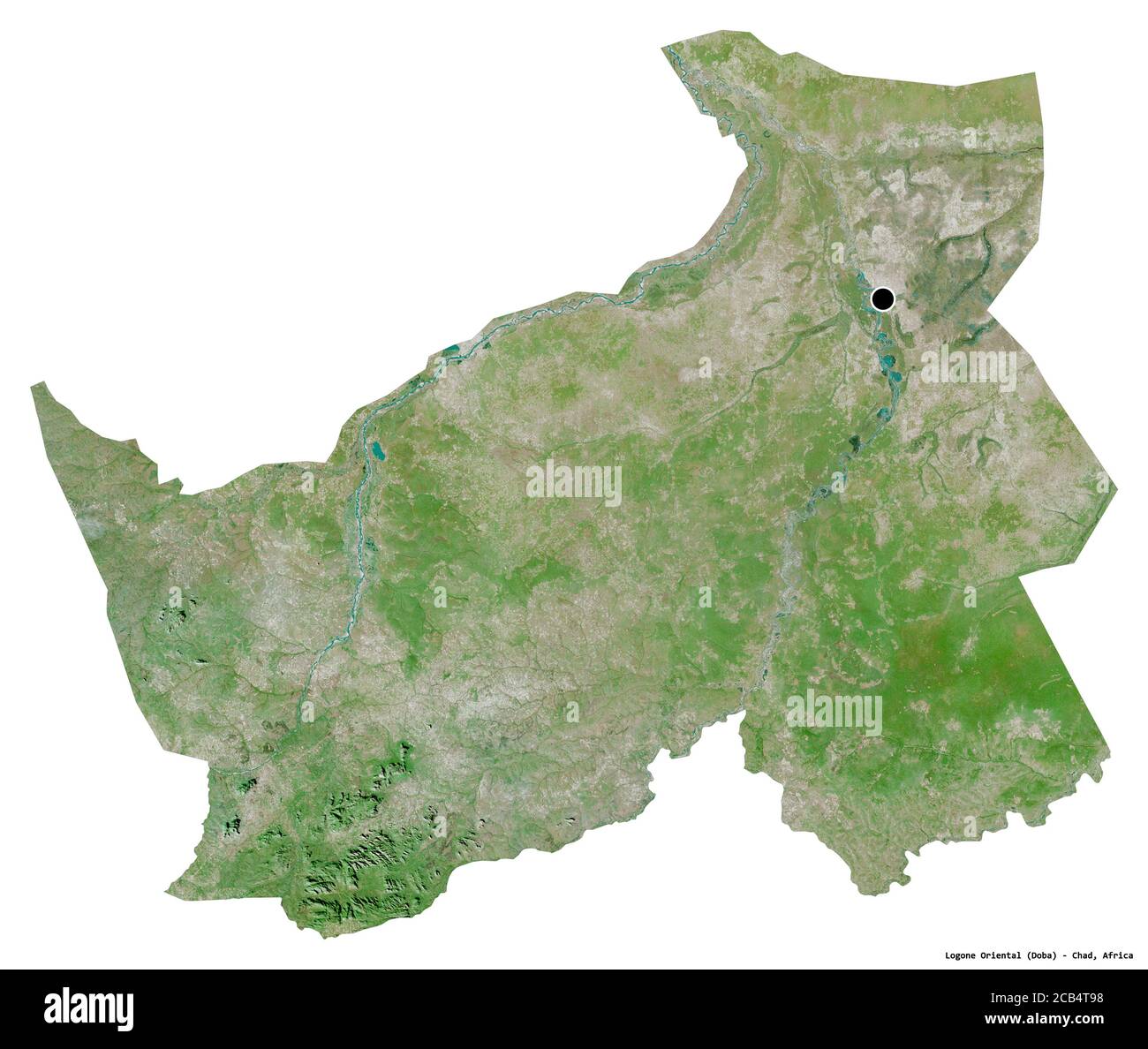 Shape of Logone Oriental, region of Chad, with its capital isolated on white background ...
