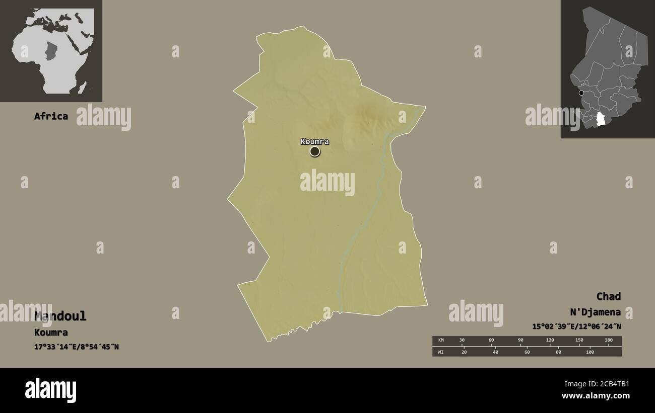 Shape of Mandoul, region of Chad, and its capital. Distance scale ...
