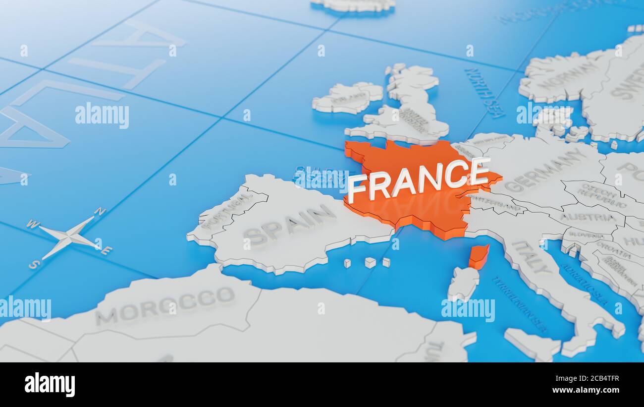 France highlighted on a white simplified 3D world map. Digital 3D ...