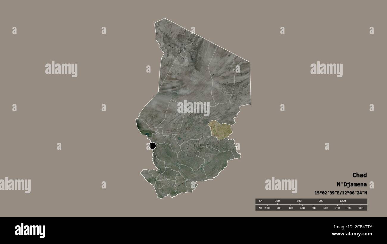 Desaturated shape of Chad with its capital, main regional division and ...