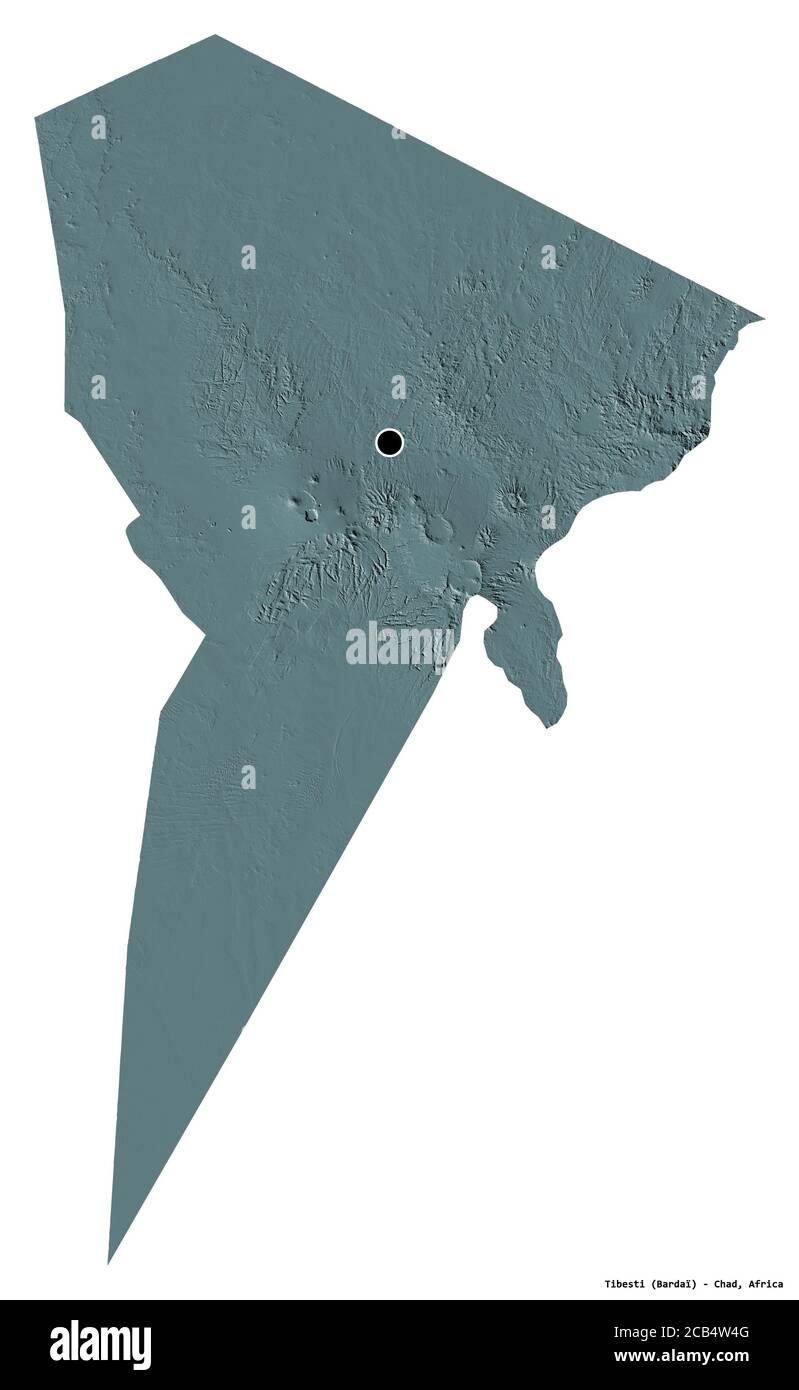 Shape of Tibesti, region of Chad, with its capital isolated on white ...
