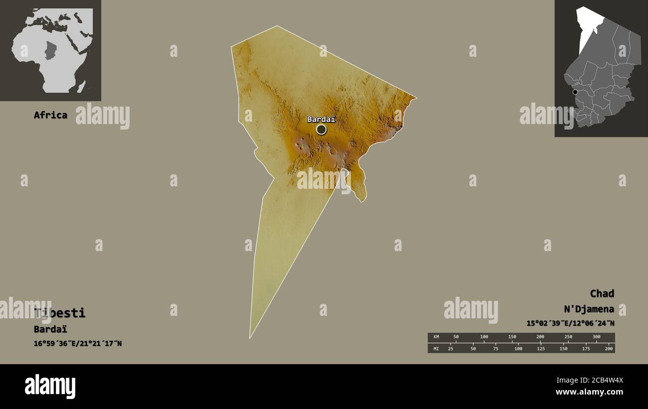 Shape of Tibesti, region of Chad, and its capital. Distance scale ...