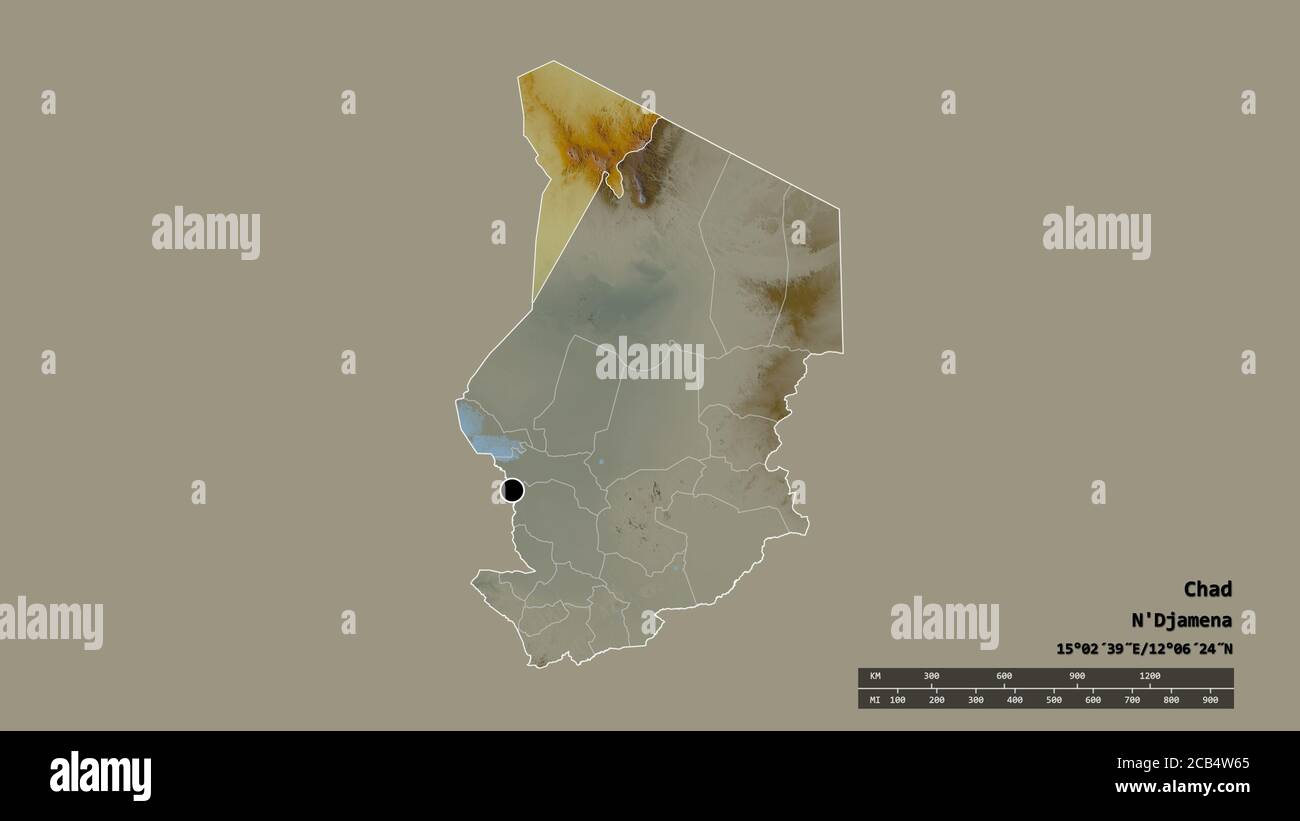 Desaturated shape of Chad with its capital, main regional division and ...