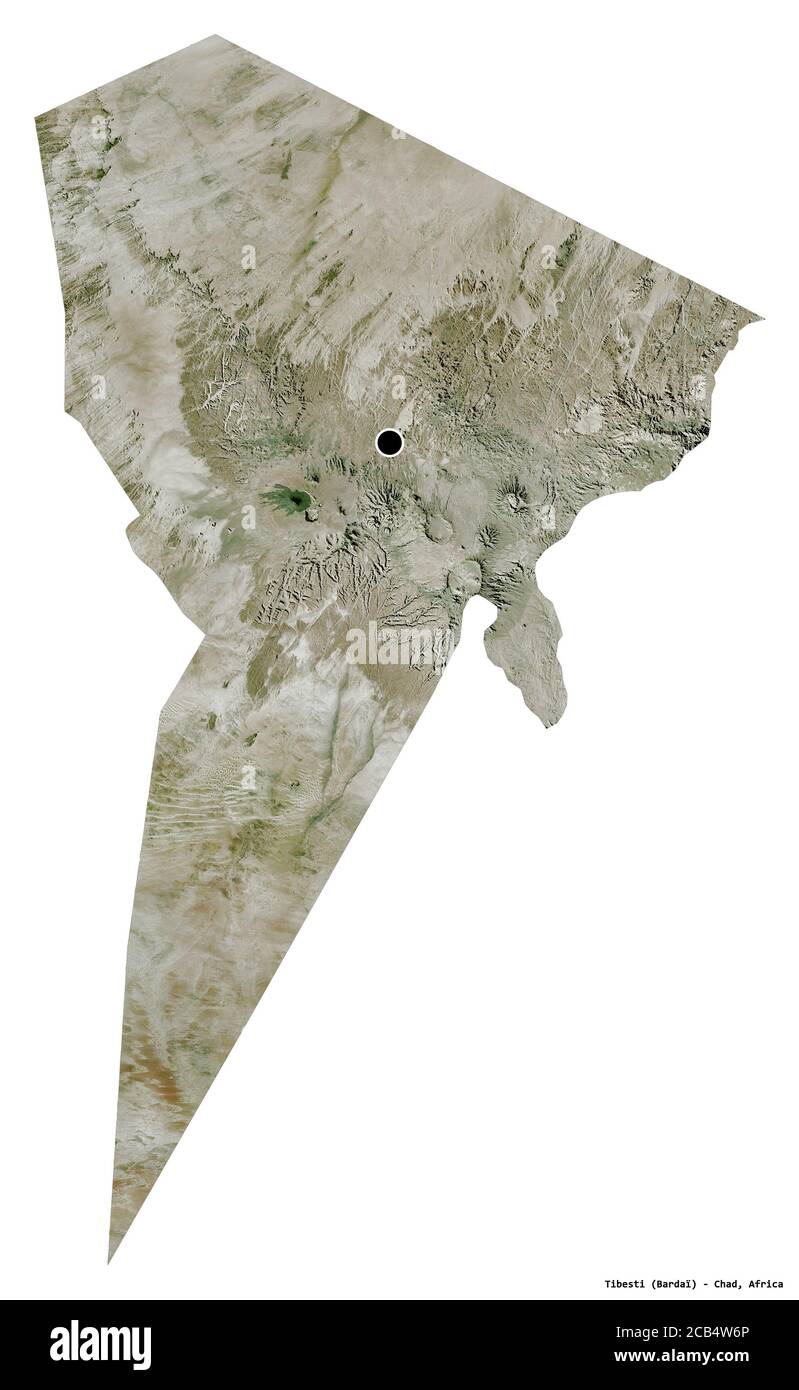 Shape of Tibesti, region of Chad, with its capital isolated on white ...