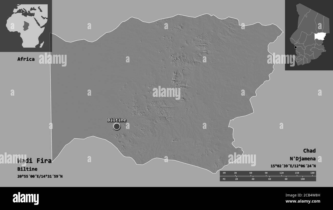 Shape of Wadi Fira, region of Chad, and its capital. Distance scale ...