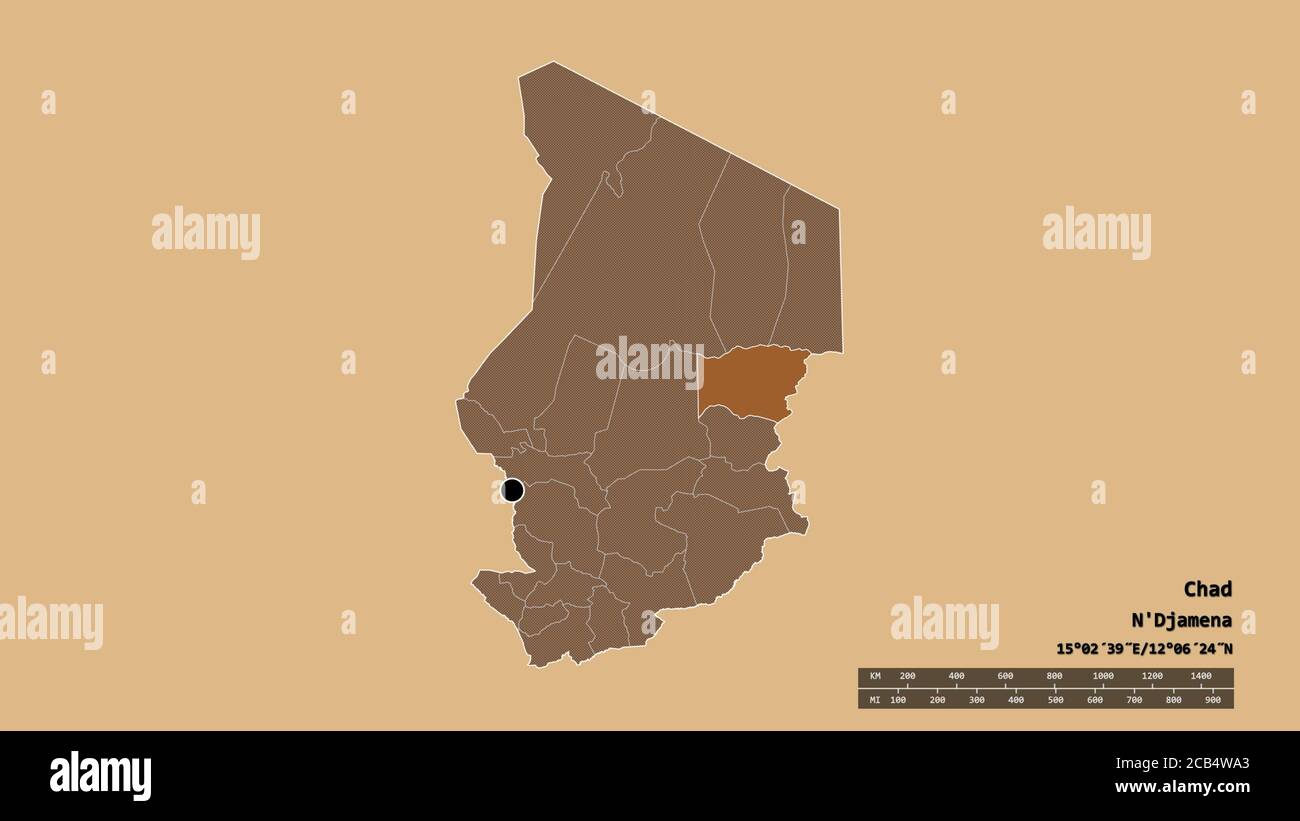 Desaturated shape of Chad with its capital, main regional division and ...