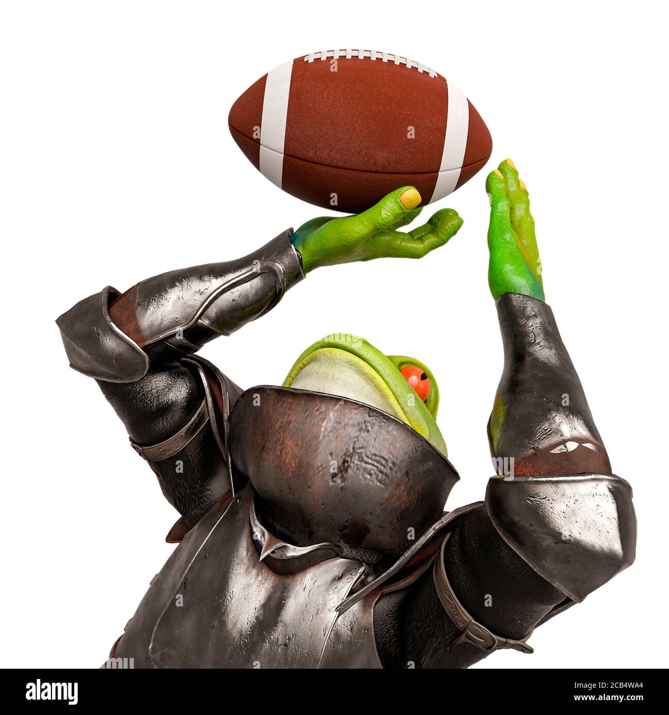 lord frog is playing american football in white background close up ...