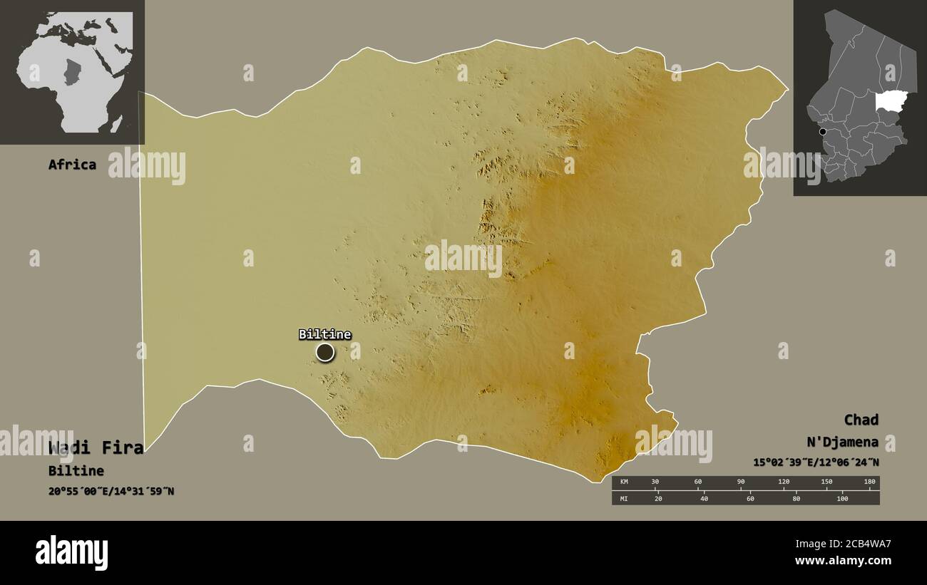 Shape of Wadi Fira, region of Chad, and its capital. Distance scale ...
