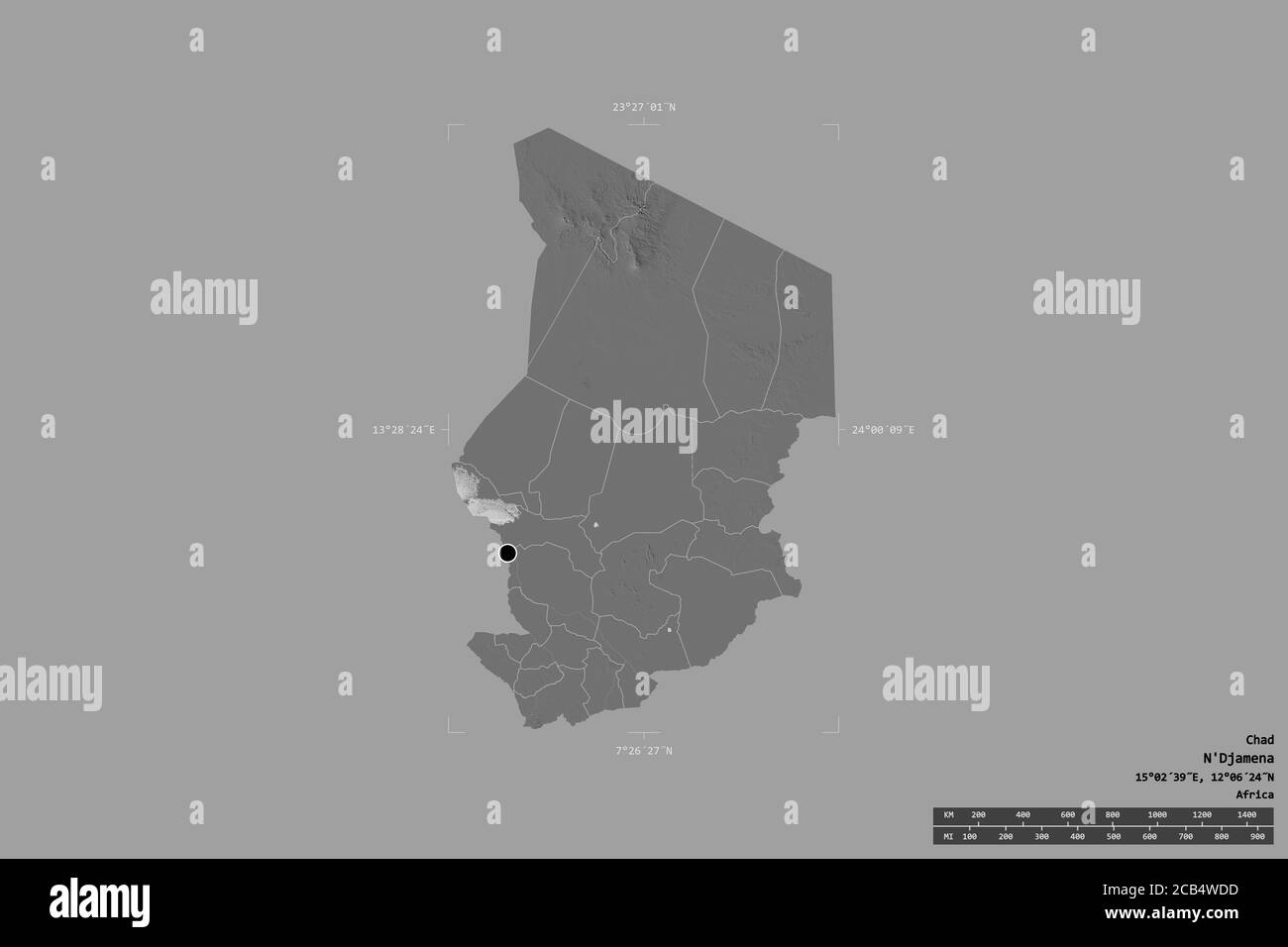 Area of Chad isolated on a solid background in a georeferenced bounding ...