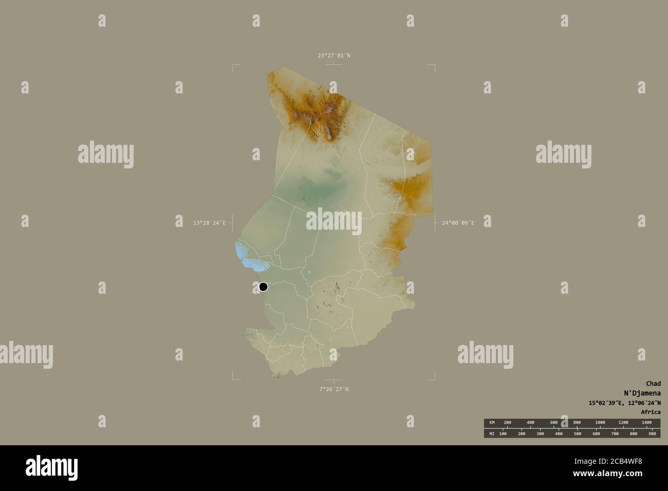 Area of Chad isolated on a solid background in a georeferenced bounding ...