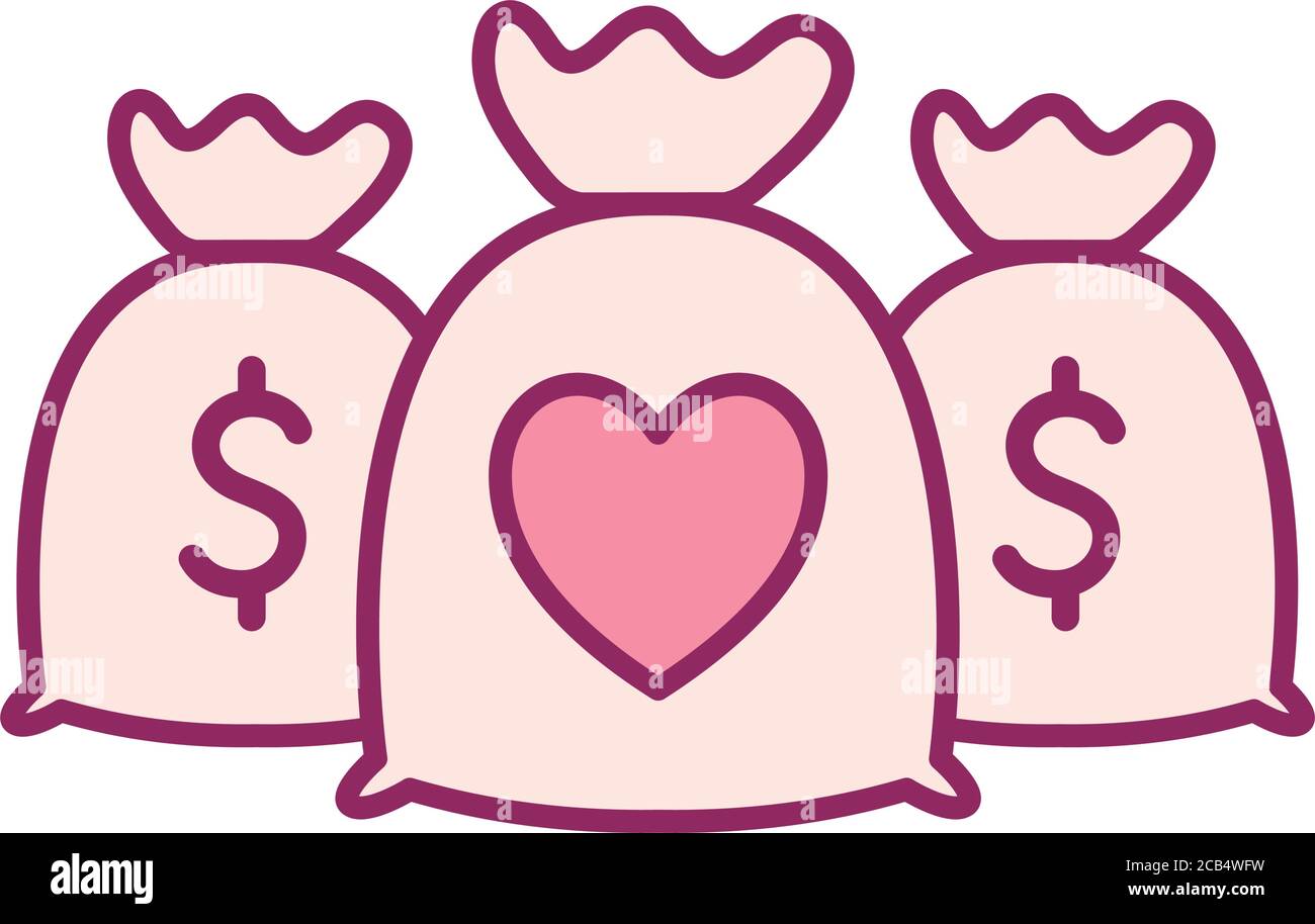 money bags with heart line and fill style icon design of Charity and ...