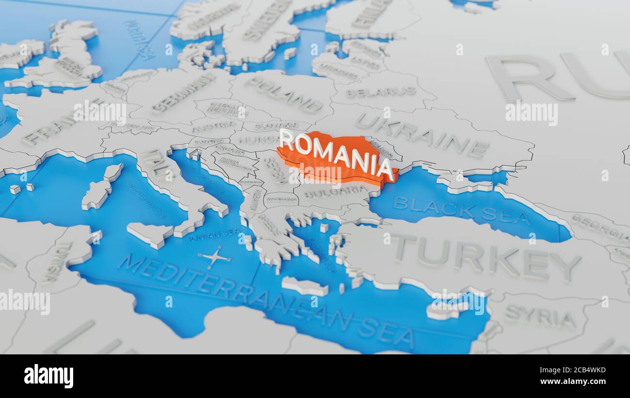 Romania highlighted on a white simplified 3D world map. Digital 3D ...