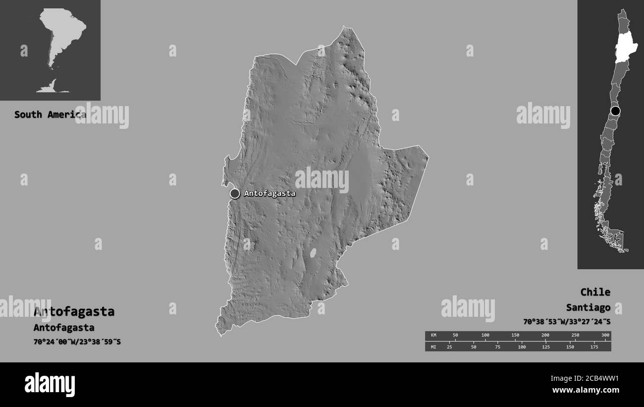Shape of Antofagasta, region of Chile, and its capital. Distance scale ...