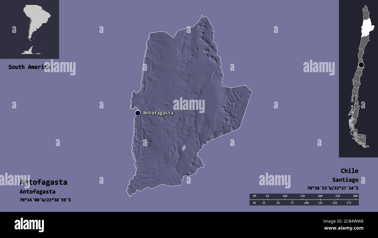 Shape of Antofagasta, region of Chile, and its capital. Distance scale ...