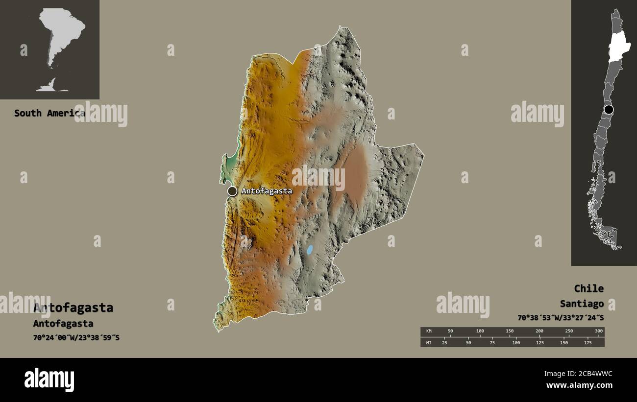 Shape of Antofagasta, region of Chile, and its capital. Distance scale ...