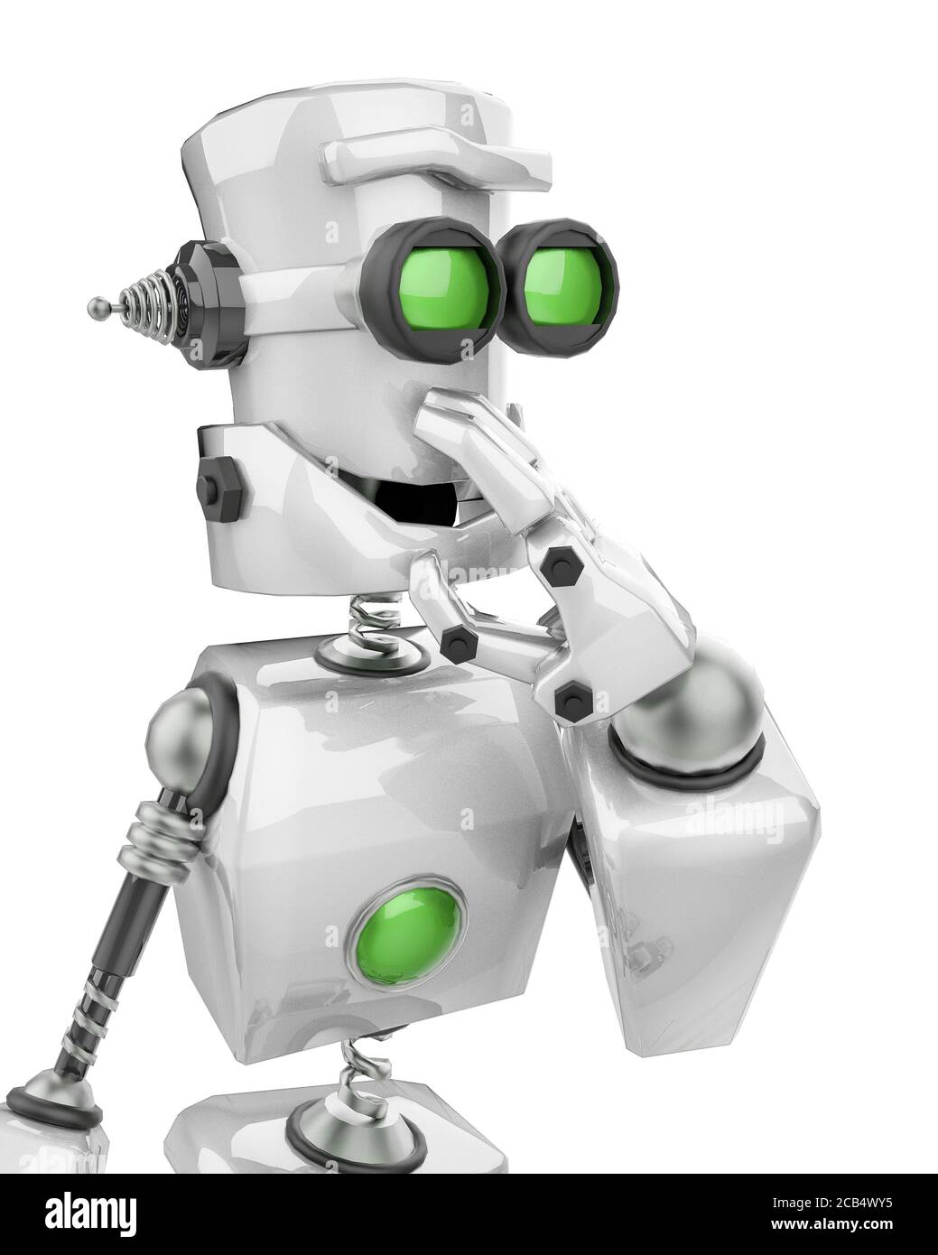 funny robot cartoon is thinking about in a white background close up ...