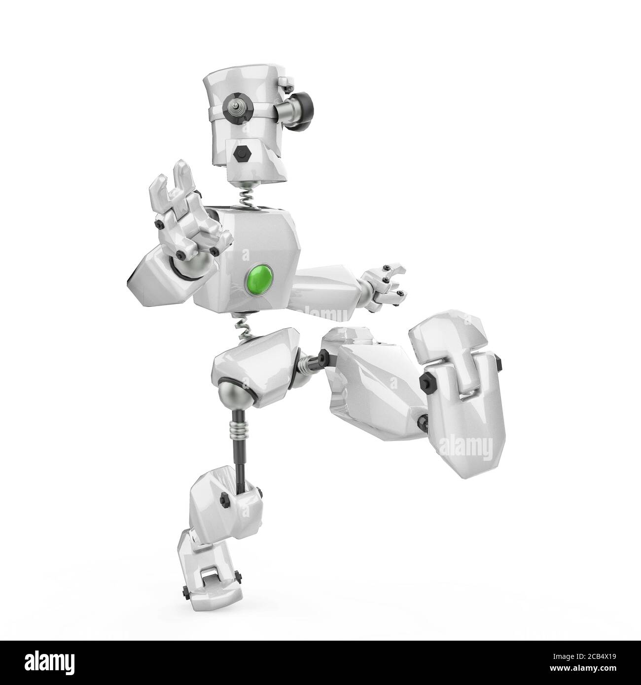 funny robot cartoon kicking the air in a white background., 3d ...