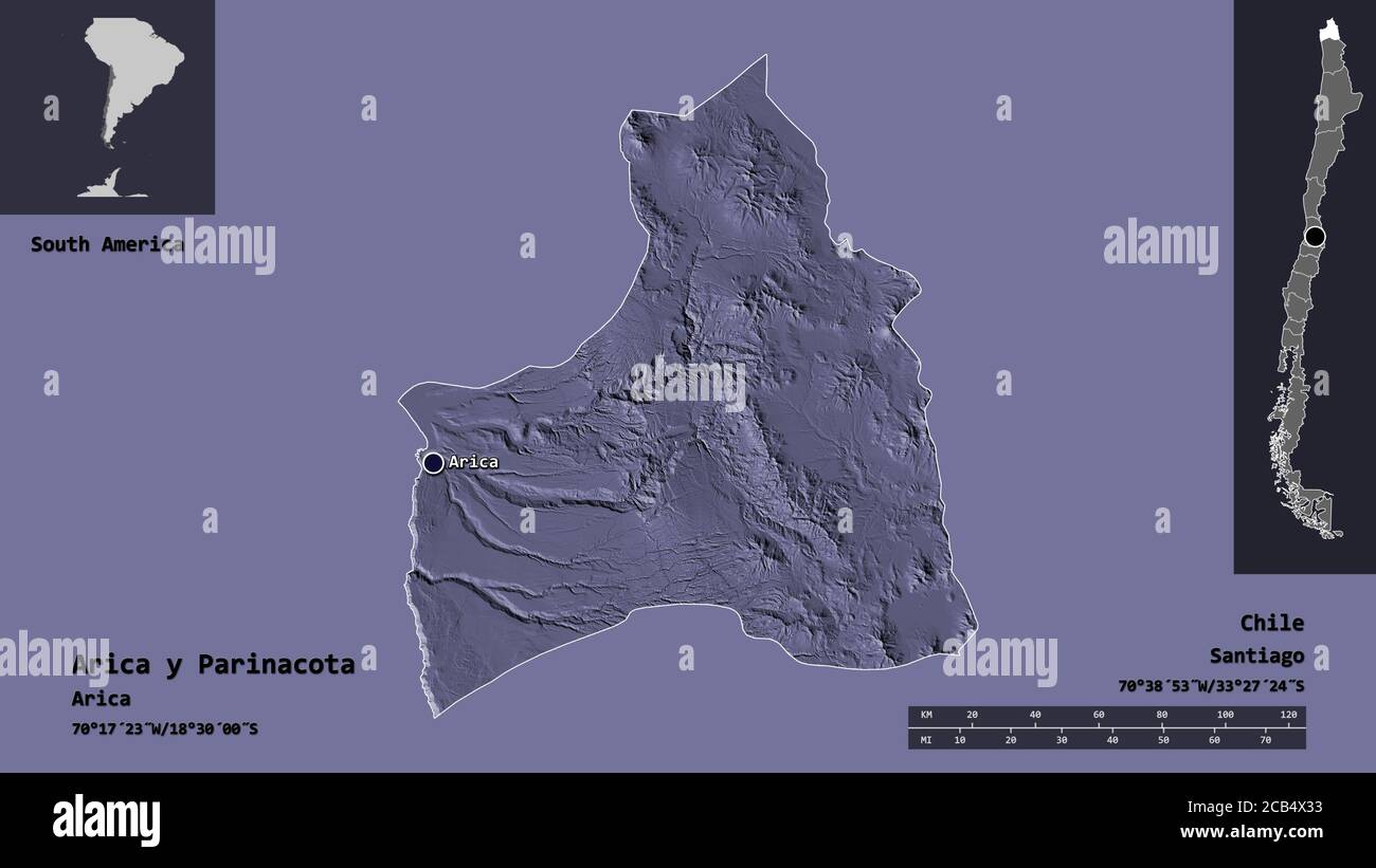 Shape of Arica y Parinacota, region of Chile, and its capital. Distance ...