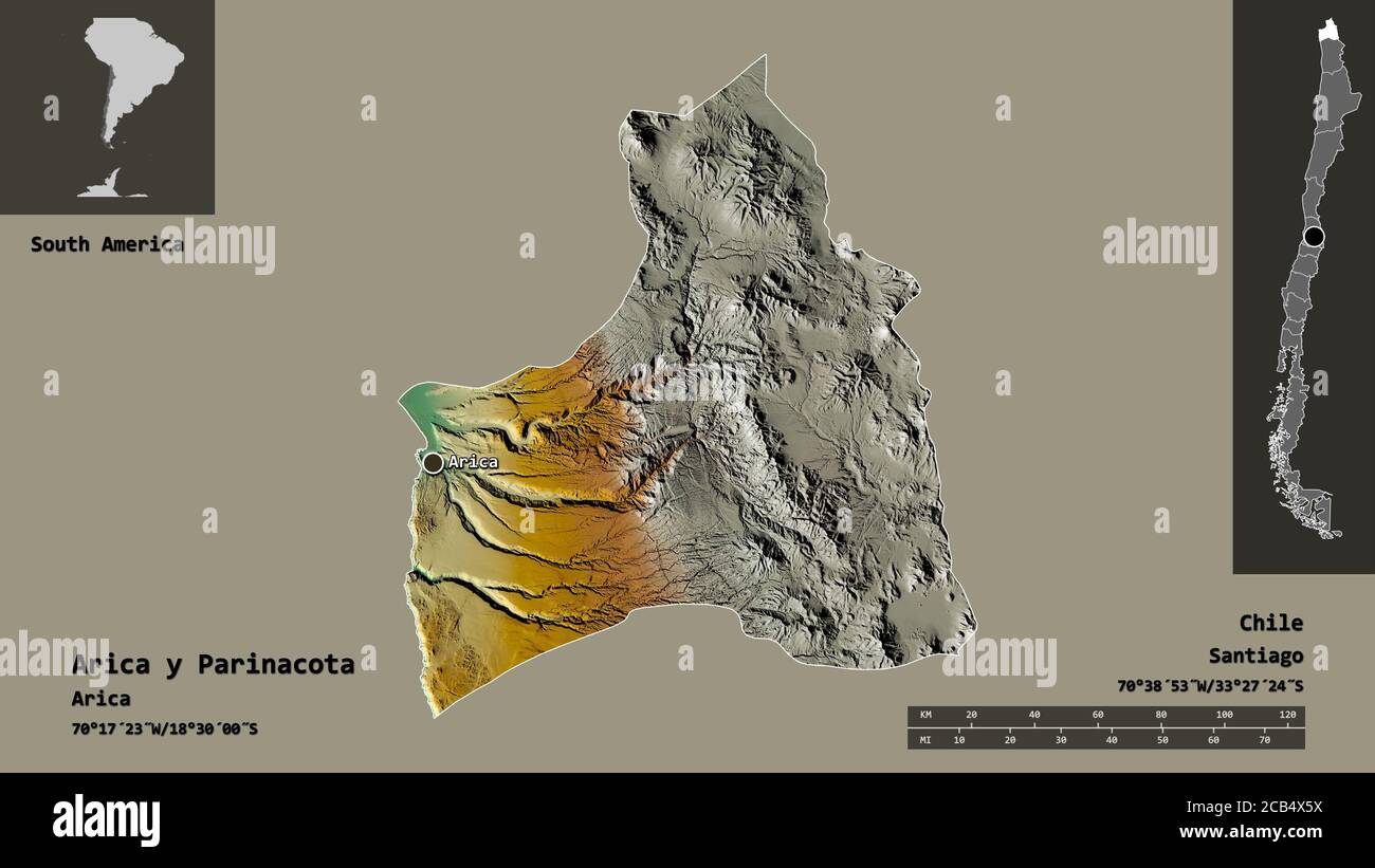 Shape of Arica y Parinacota, region of Chile, and its capital. Distance ...