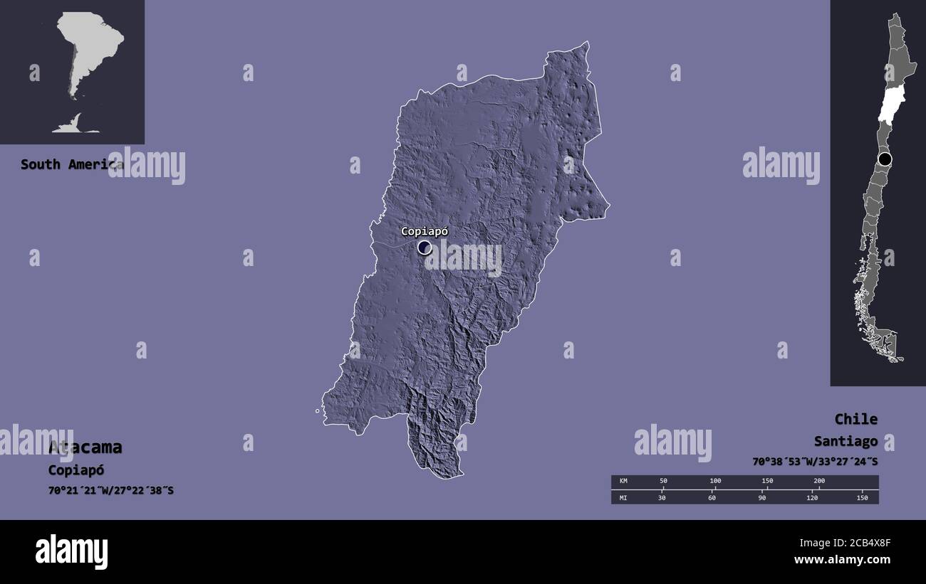 Shape of Atacama, region of Chile, and its capital. Distance scale ...