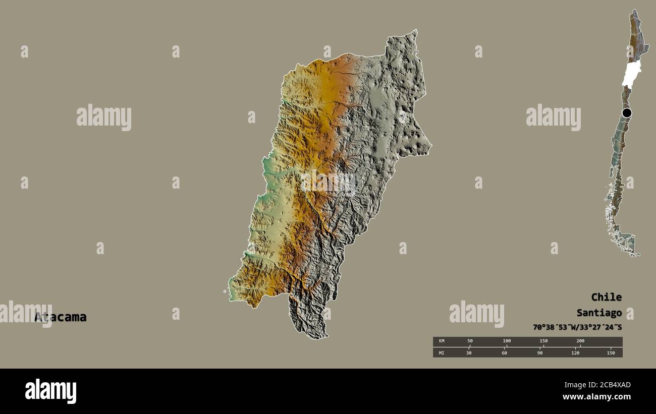 Shape of Atacama, region of Chile, with its capital isolated on solid ...