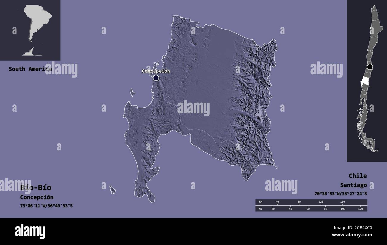 Shape of Bío-Bío, region of Chile, and its capital. Distance scale ...