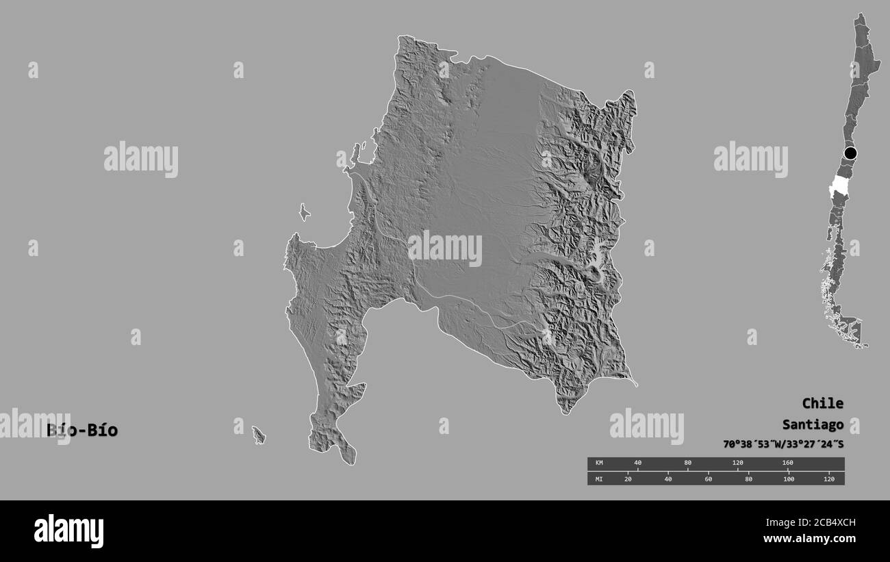 Shape of Bío-Bío, region of Chile, with its capital isolated on solid ...