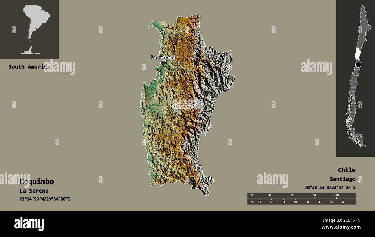 Shape of Coquimbo, region of Chile, and its capital. Distance scale ...