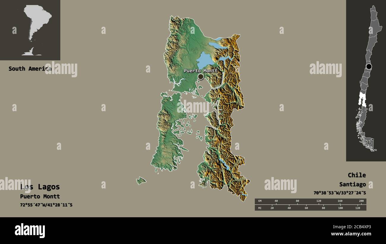Shape of Los Lagos, region of Chile, and its capital. Distance scale ...
