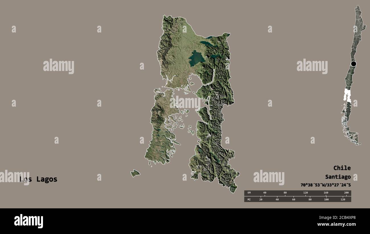 Shape of Los Lagos, region of Chile, with its capital isolated on solid ...