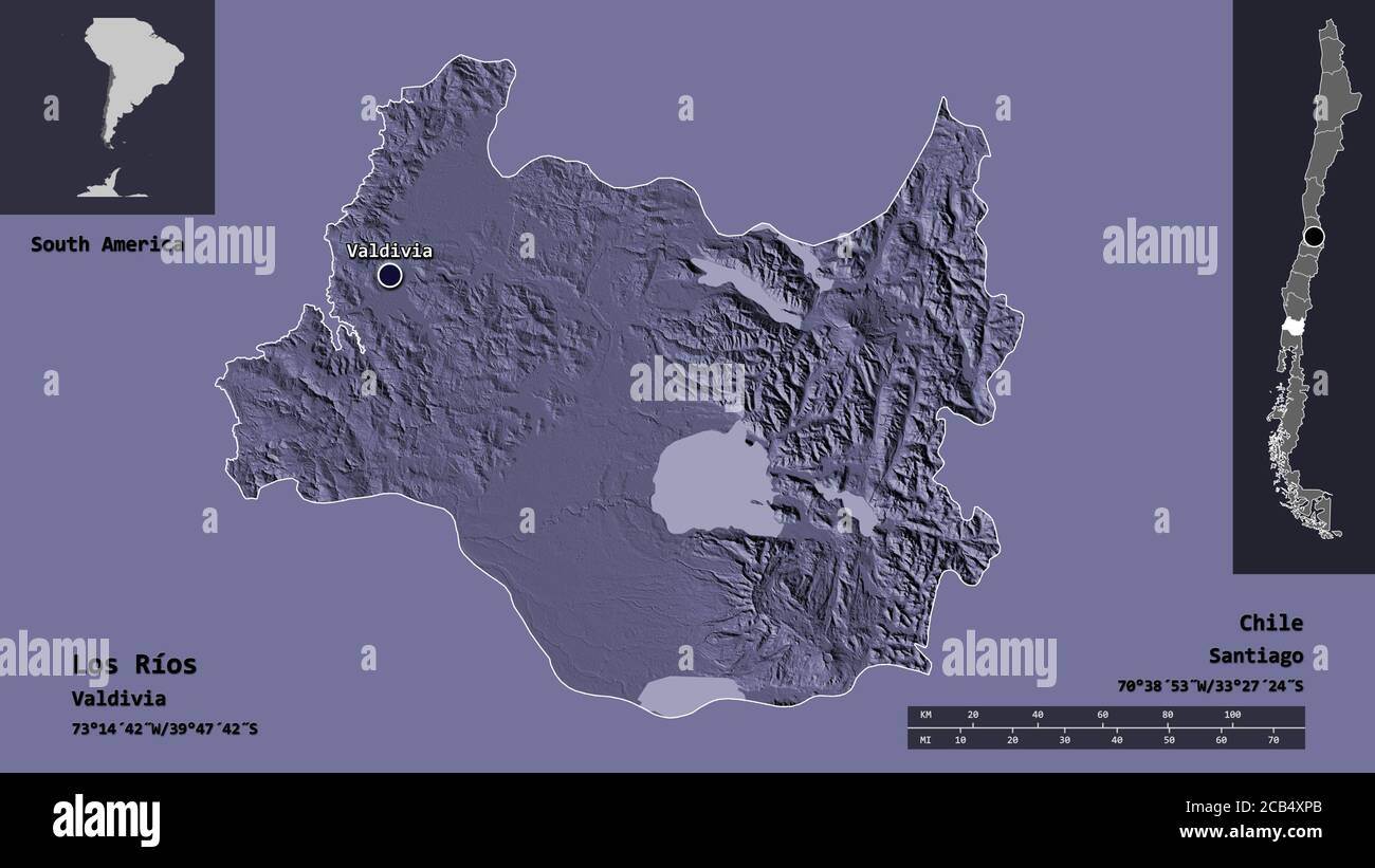 Shape of Los Ríos, region of Chile, and its capital. Distance scale ...