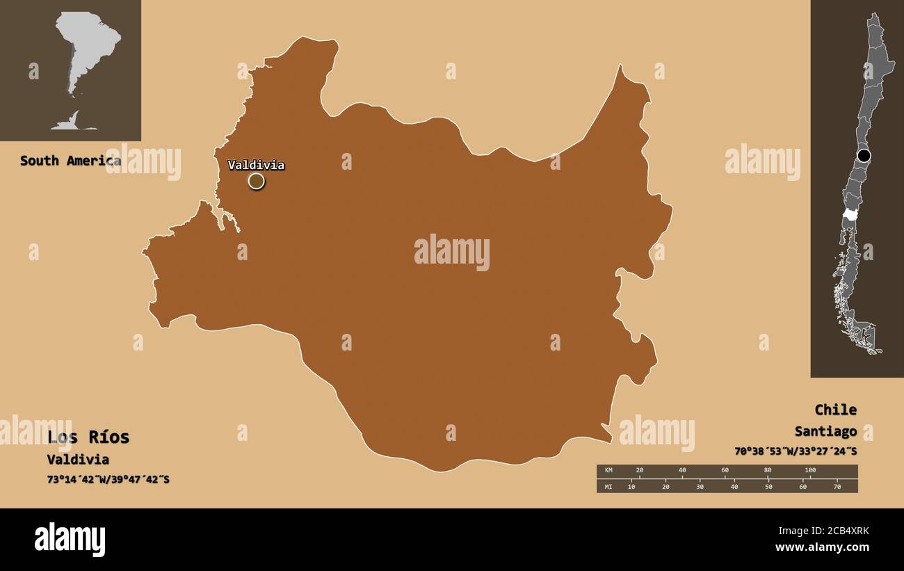Shape of Los Ríos, region of Chile, and its capital. Distance scale ...