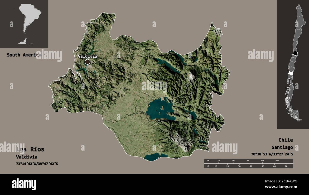 Shape of Los Ríos, region of Chile, and its capital. Distance scale ...