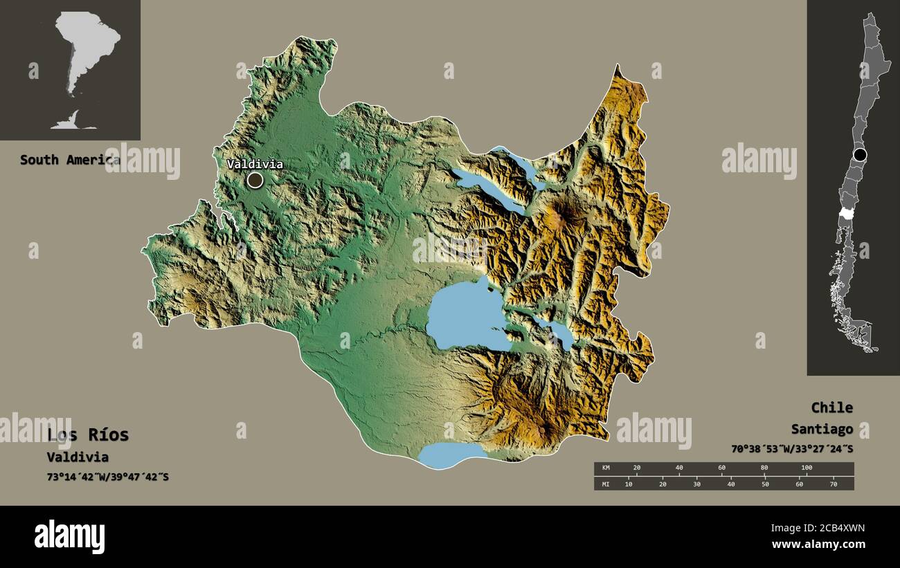 Shape of Los Ríos, region of Chile, and its capital. Distance scale ...