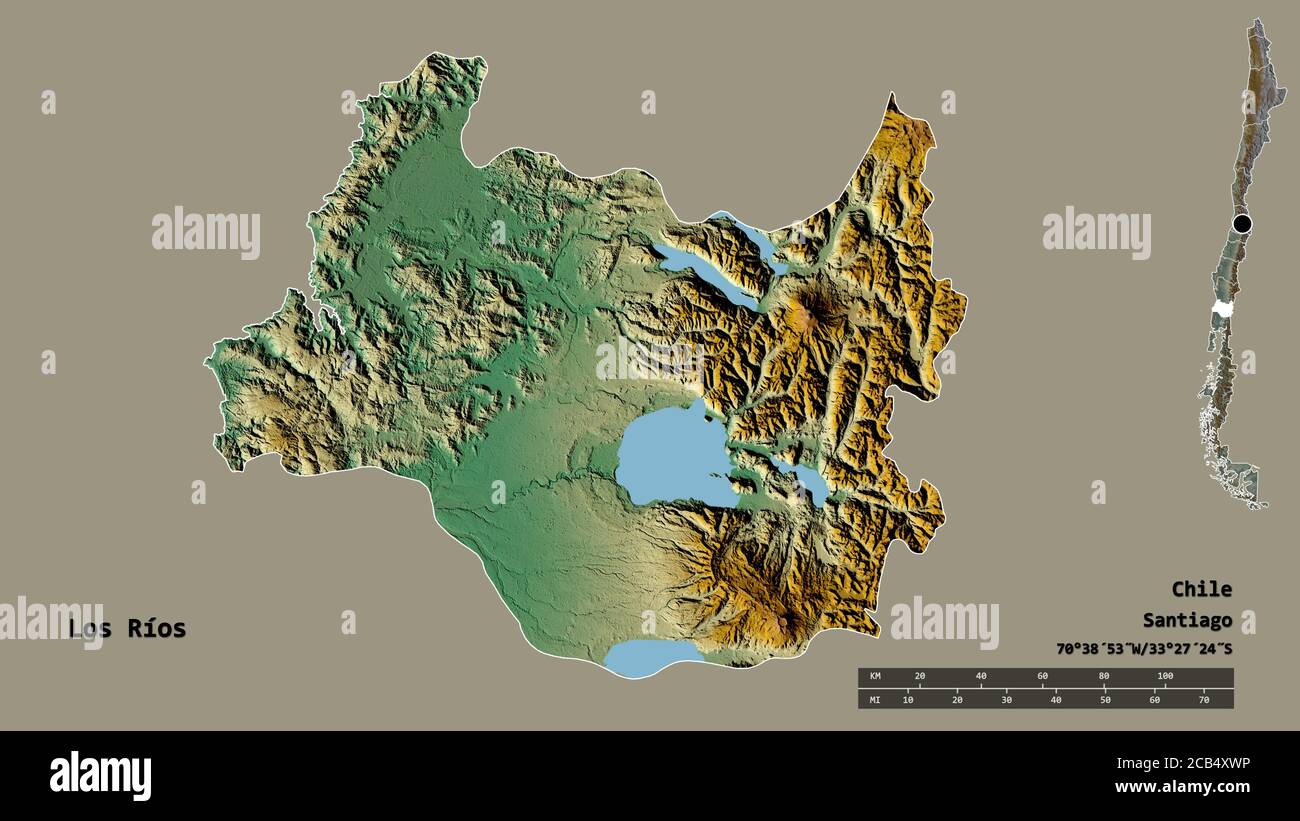 Shape of Los Ríos, region of Chile, with its capital isolated on solid ...
