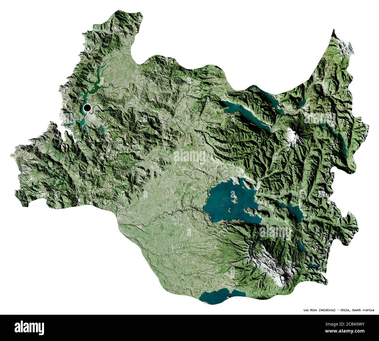 Shape of Los Ríos, region of Chile, with its capital isolated on white ...