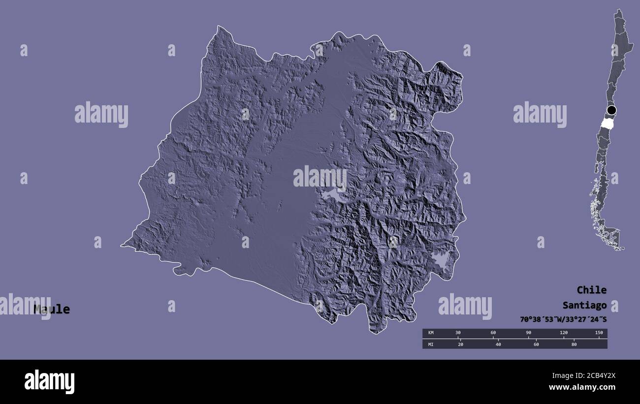 Shape of Maule, region of Chile, with its capital isolated on solid ...