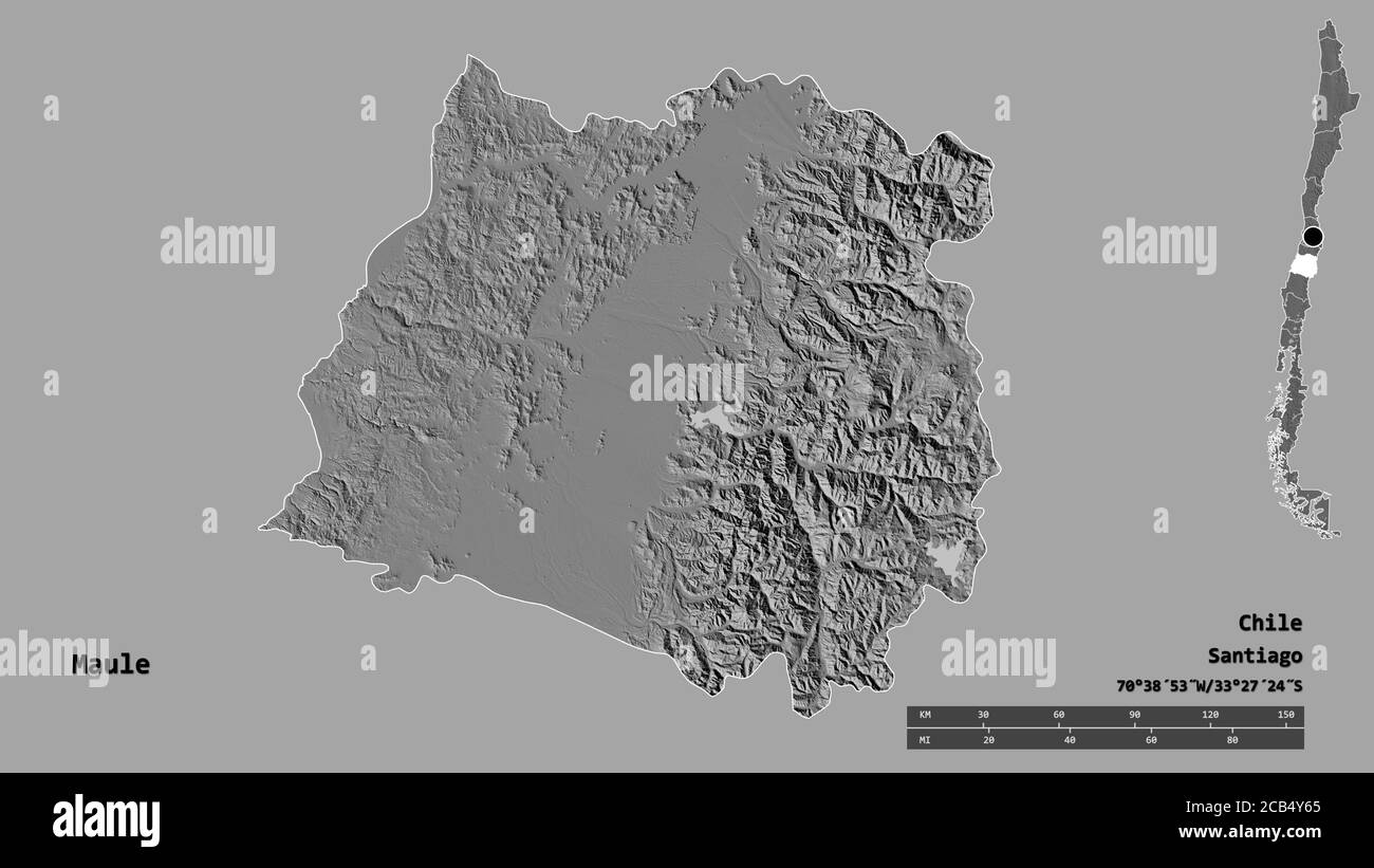 Shape of Maule, region of Chile, with its capital isolated on solid ...
